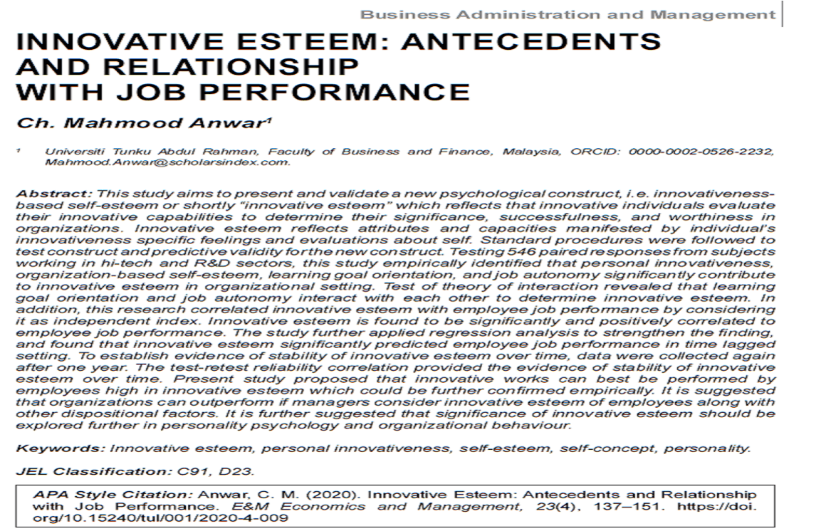 A Neoteric Psychological Construct Innovative Esteem with Anwar's ...